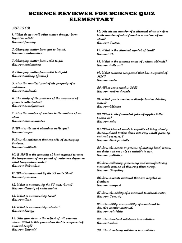 Science Reviewer For Science Quiz Elementary: Matter | PDF | Neuron | Blood
