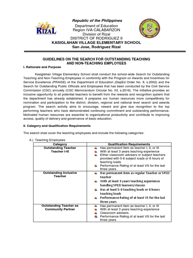 School Based Guidelines On The Search For Outstanding Teaching and Non ...