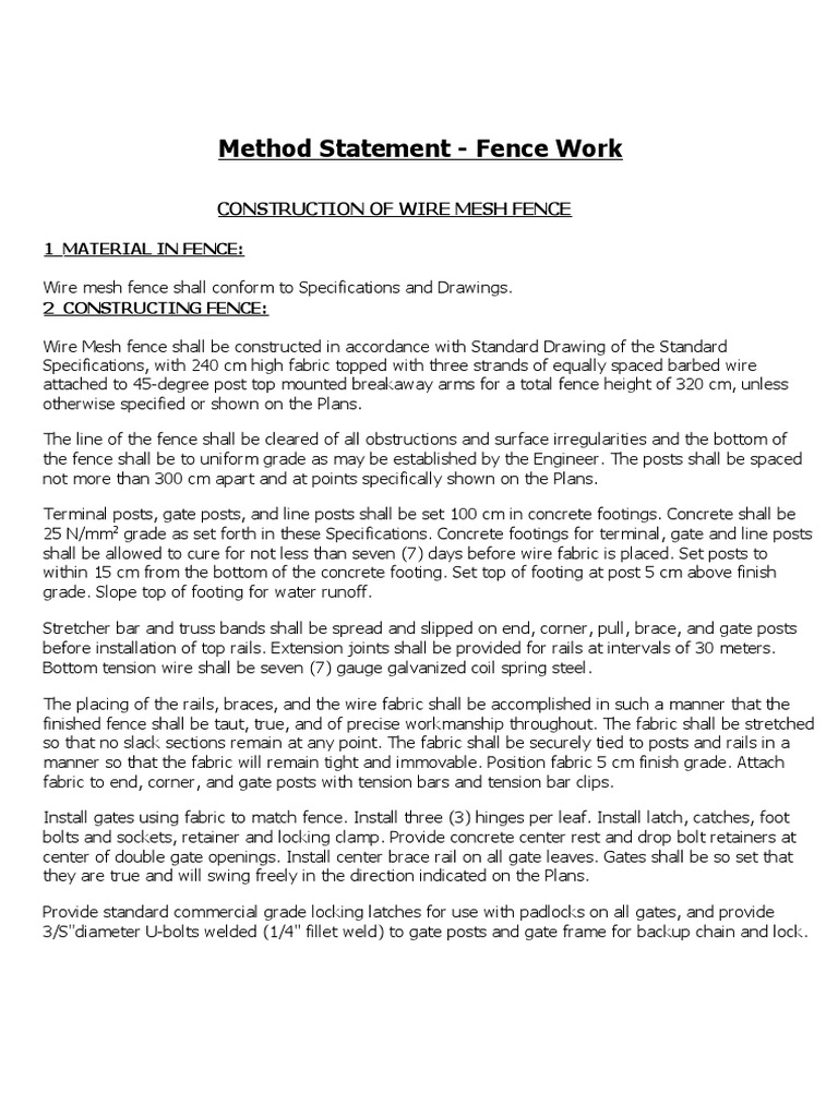 Fence Method Statement | PDF | Wire | Building Engineering