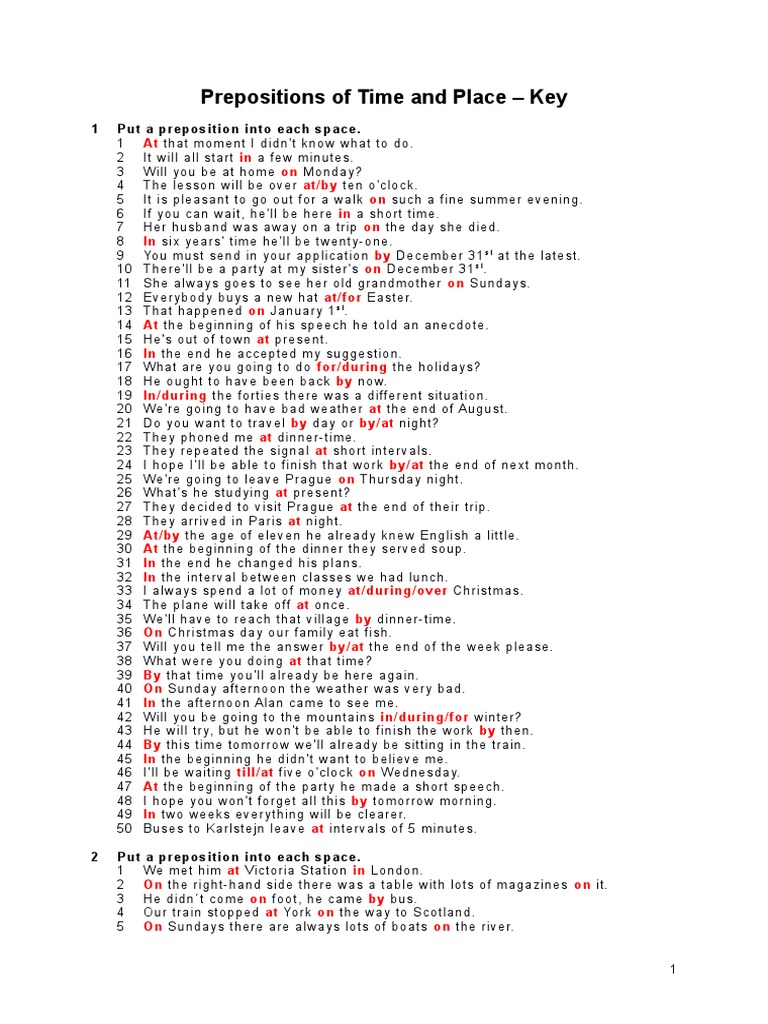 Prepositions of Time and Place - Key | PDF