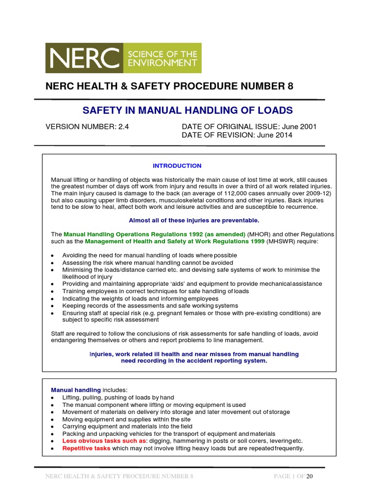 Safety in Manual Handling of Loads PDF | PDF | Occupational Safety And ...
