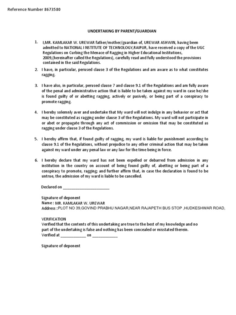 Anti-Ragging Parent Undertaking Form | PDF | Public Sphere | Crime ...