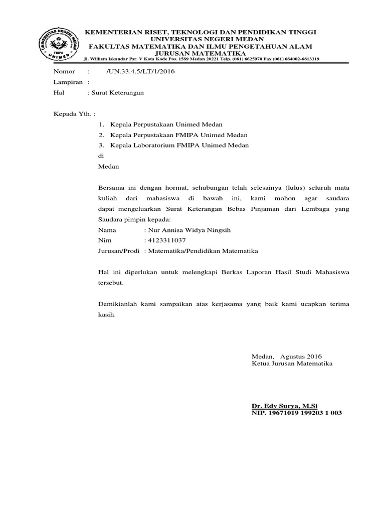 Surat Bebas Perpustakaan, Perpustakaan Mipa, Dan Lab. | PDF