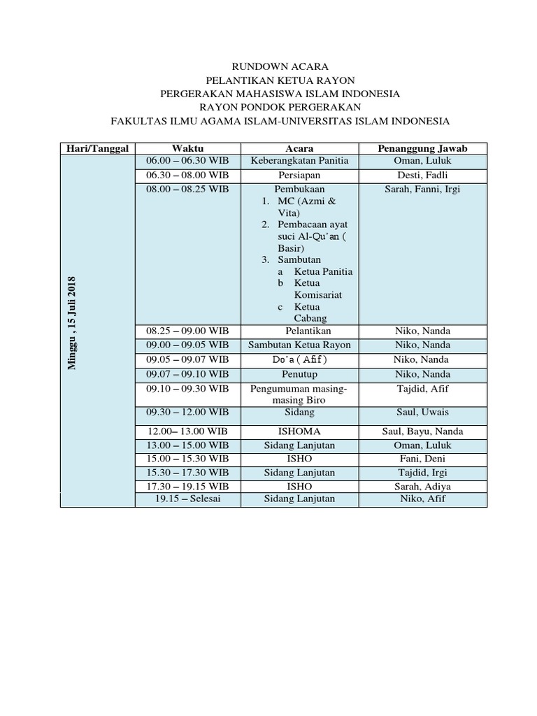 Rundown Acara Pelantikan 15 Juli | PDF
