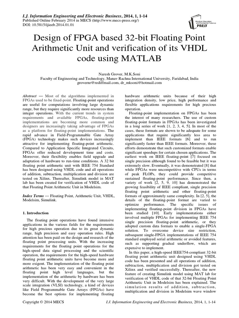 Design Of Fpga Based 32 Bit Floating Point Arithmetic Unit And Verification Of Its Vhdl Code 9802