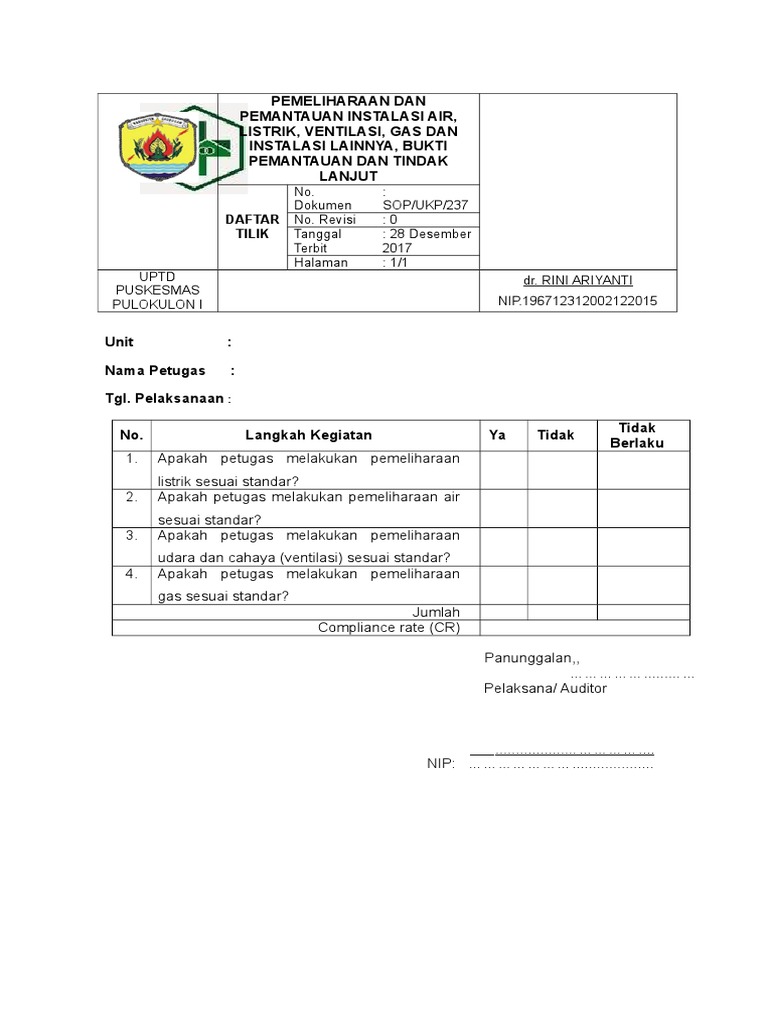 8.5.1 Ep 2 Daftar Tilik Sop Pemantauan Air, Ventilasi, Listrik Dan Air | PDF