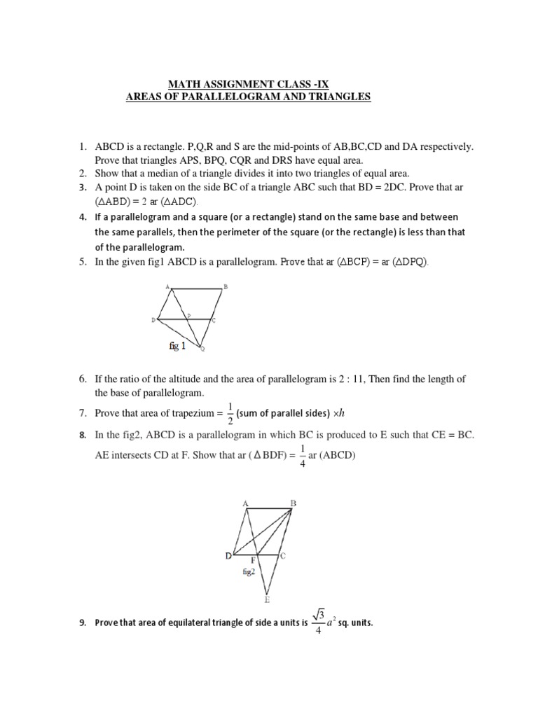 MATH ASSIGNMENT - AREAS OF PARALLELOGRAMS AND TRIANGLES | PDF | Area | Triangle