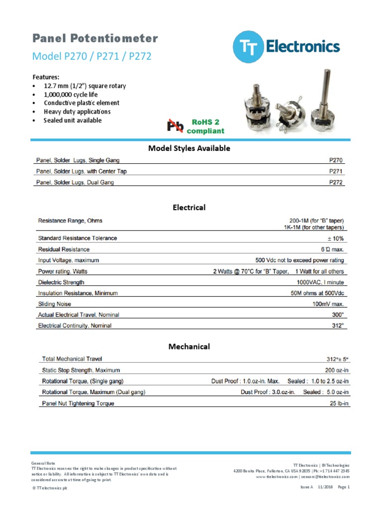Model P270 / P271 / P272: Panel Potentiometer | PDF