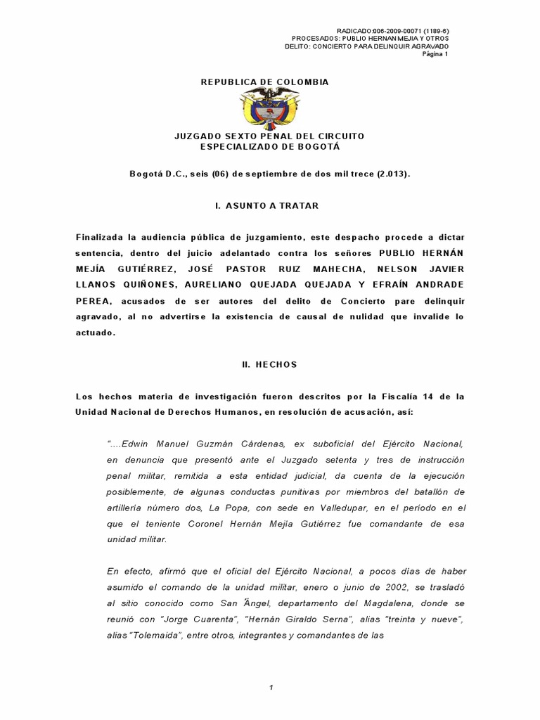 Condena Paramilitarismo Coronel Mejia Pdf Militar El Oficial Al Mando