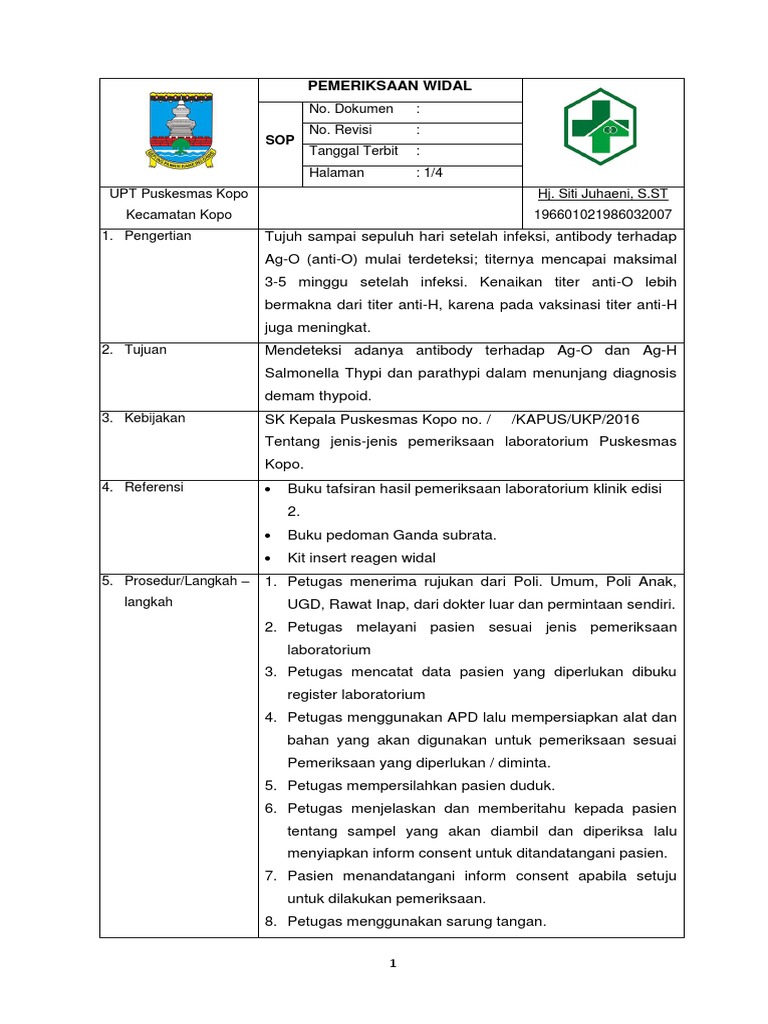 Prosedur Pemeriksaan Widal di Puskesmas | PDF