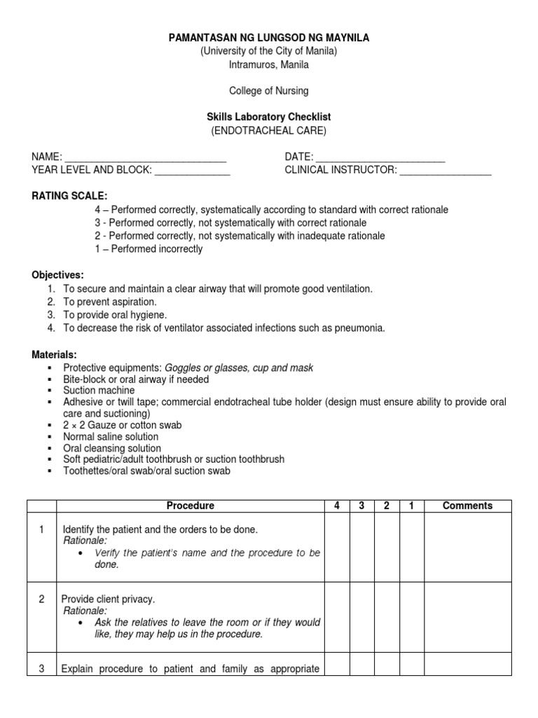 Endotracheal Care CHECKLIST | PDF | Health Care | Clinical Medicine