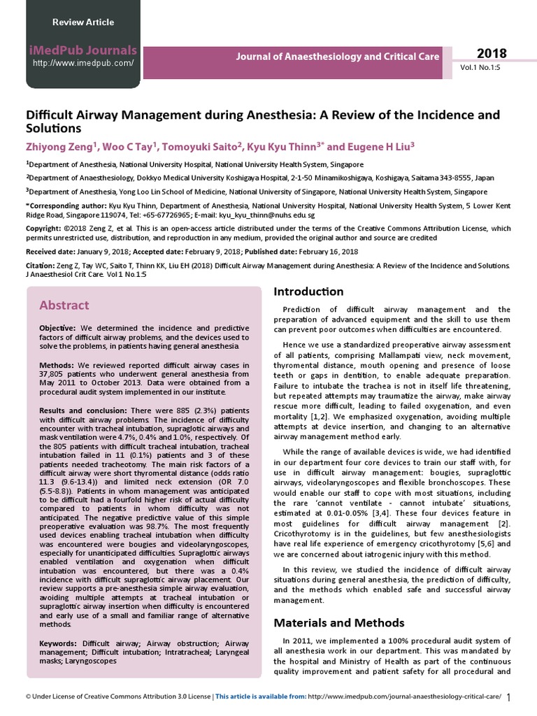 Difficult Airway Management During Anesthesia A Review of The Incidence ...