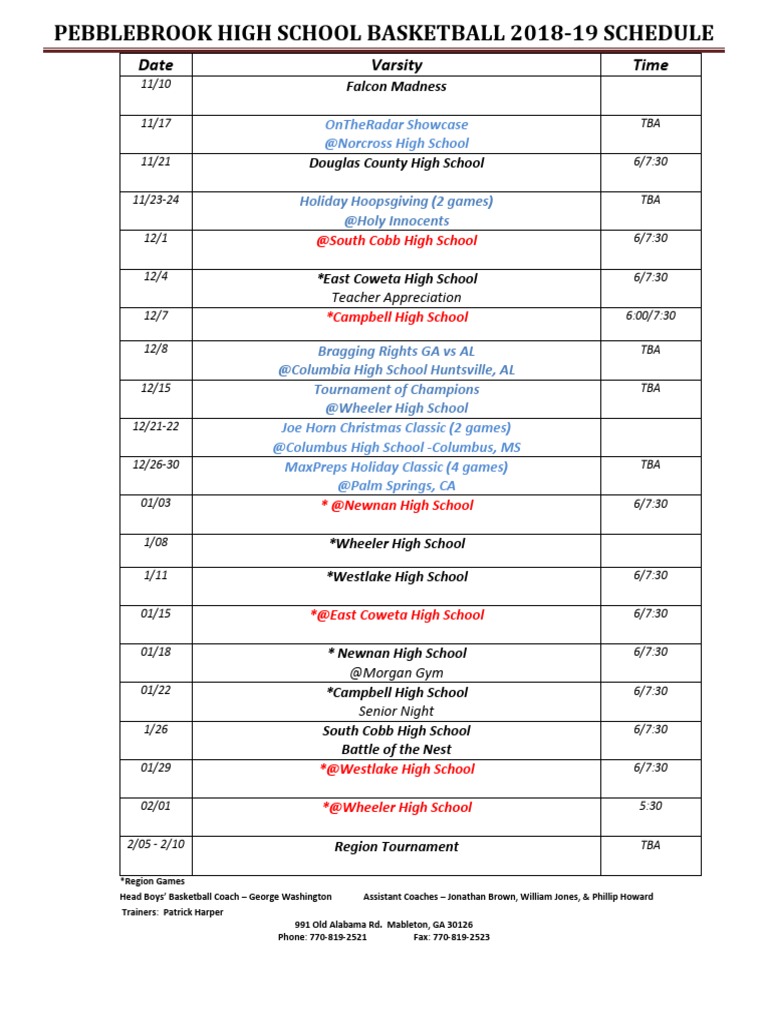 Pebblebrook Schedule 2018-19 002 | PDF | The United States | Schools