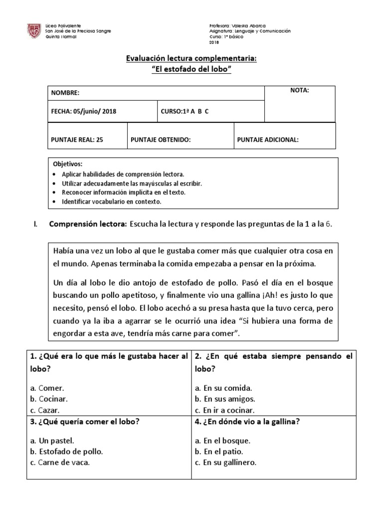 Prueba Libro El Estofado Del Lobo | PDF | Pollo | Lobo gris