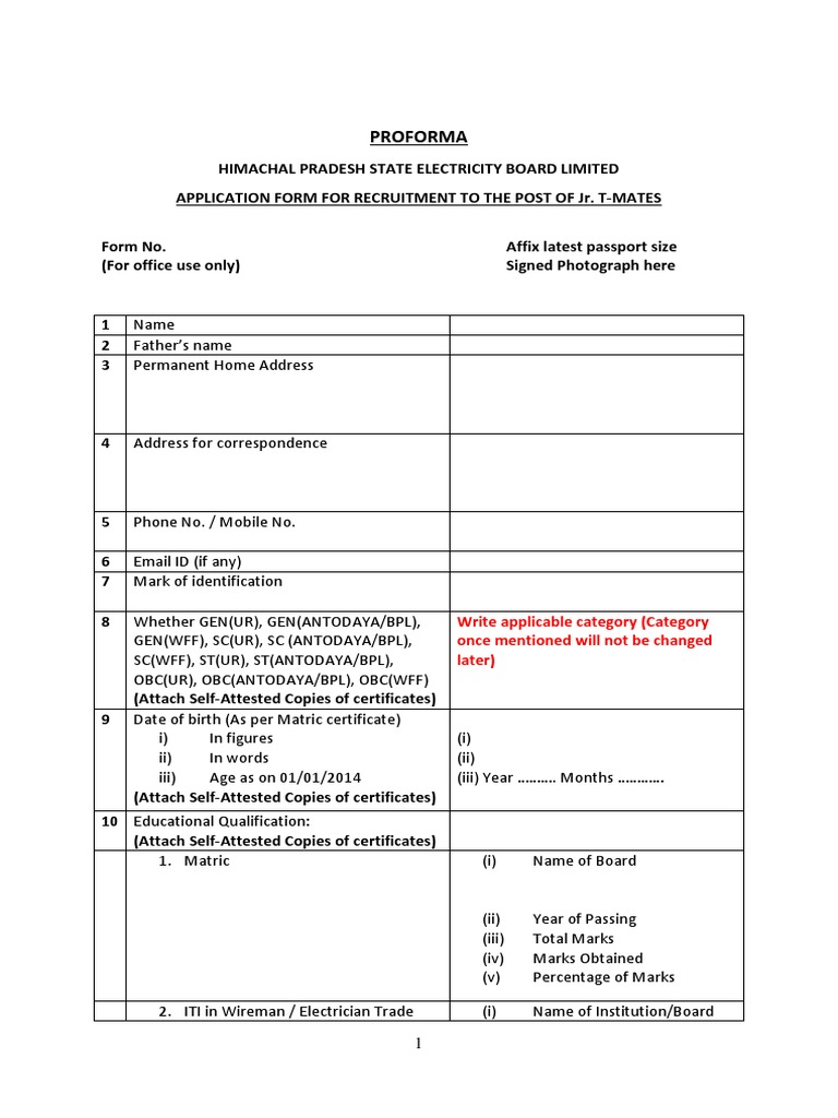 Performa For Application Form For The Post of Jr. T-Mate PDF | PDF ...