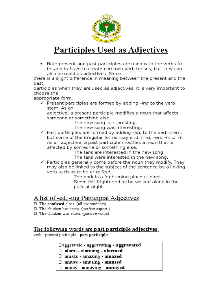 Participles Used As Adjectives: A List of - Ed, - Ing Participial ...