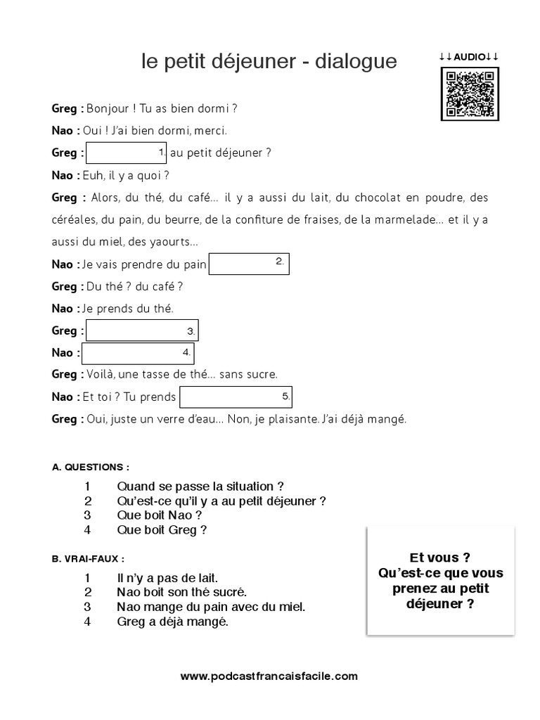 Petit Dejeuner Dialogue 1 PDF | PDF | Comportement nutritionnel des ...