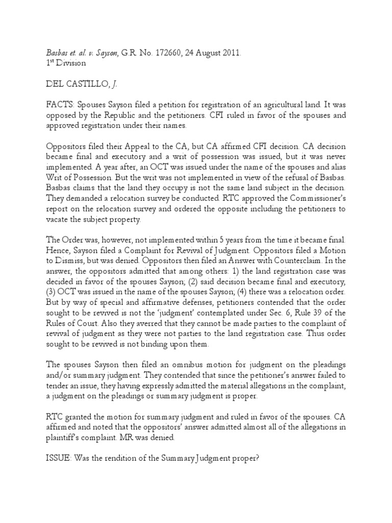Basbas Vs Sayson | PDF | Pleading | Complaint
