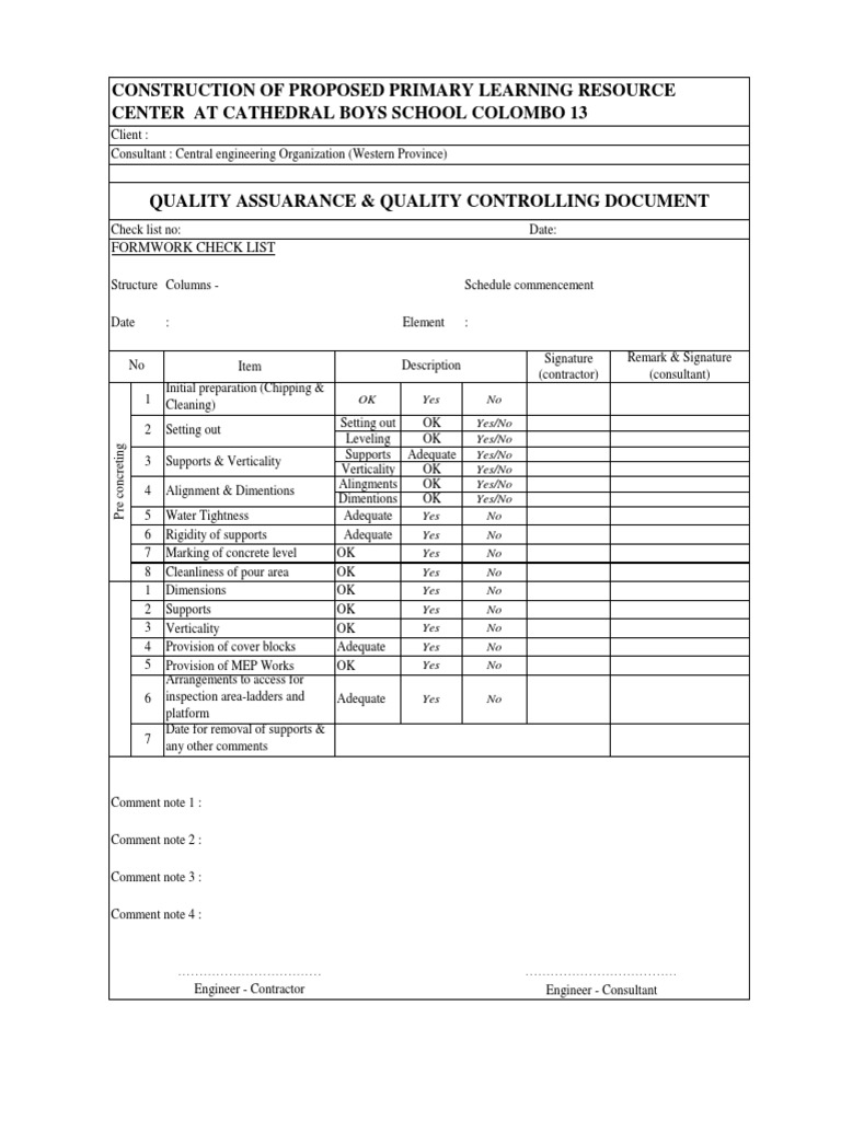 Formwork Check List | Technology | Engineering