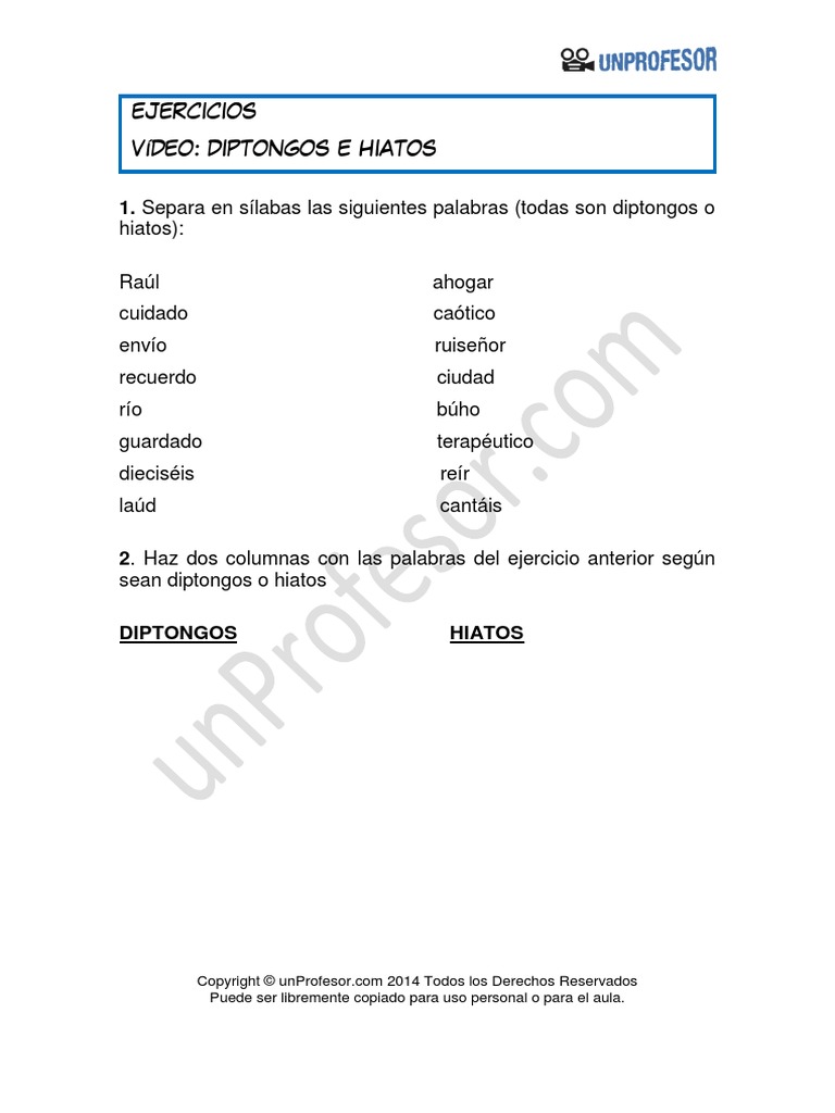 Diptongo e Hiato (Ejercicio) PDF | PDF | Fonética | Lingüística