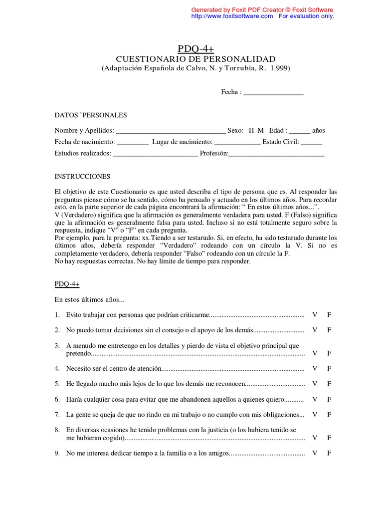 Cuestionario de Personalidad PDQ-4 | Cuestionario | Conceptos psicologicos