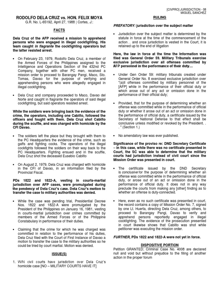 Rodolfo Dela Cruz vs. Hon. Felix Moya: PREFATORY: Jurisdiction Over The ...