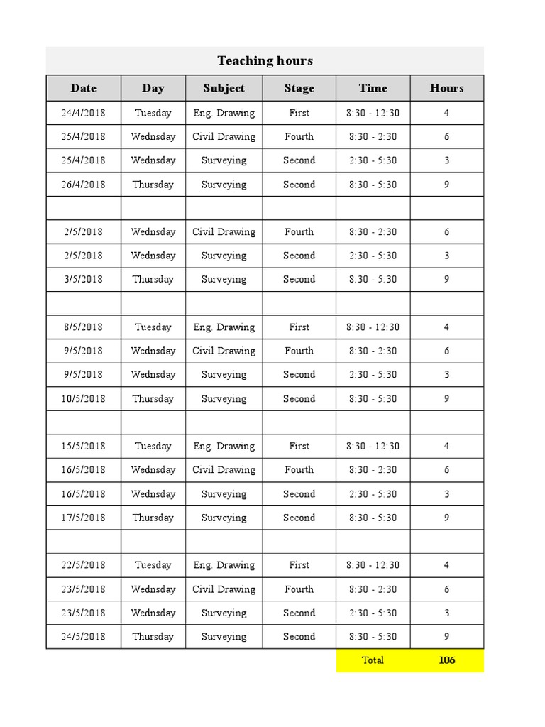Teaching Hours: Date Day Subject Stage Time Hours | PDF