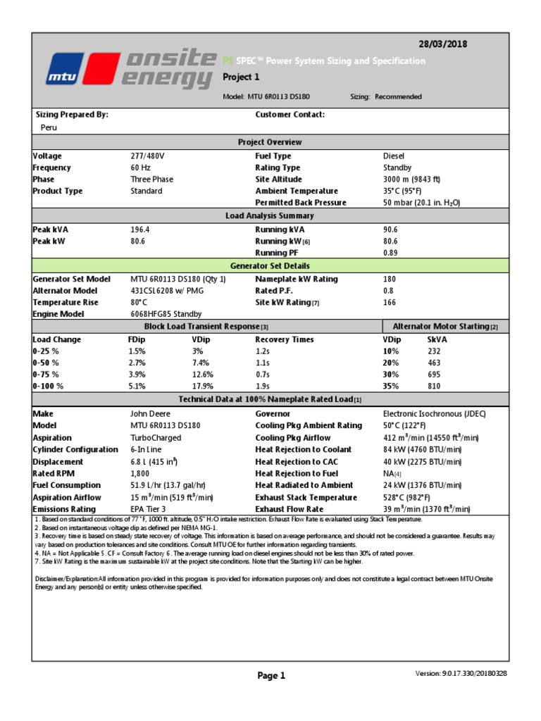 Sizing Genset Project 1 - MTU 6R0113 DS180 - 431CSL6208 - 50°C (122°F) - 20180328143403 | PDF ...