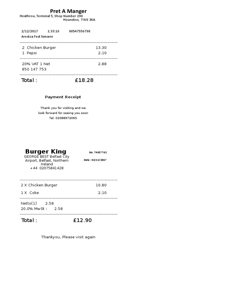 Chicken Burger Payment Receipt | PDF