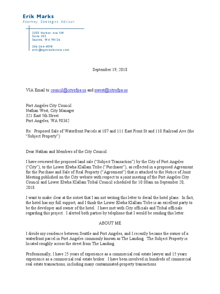 Letter Re Proposed Land Sale To Lower Elwha - Final | PDF | Covenant ...