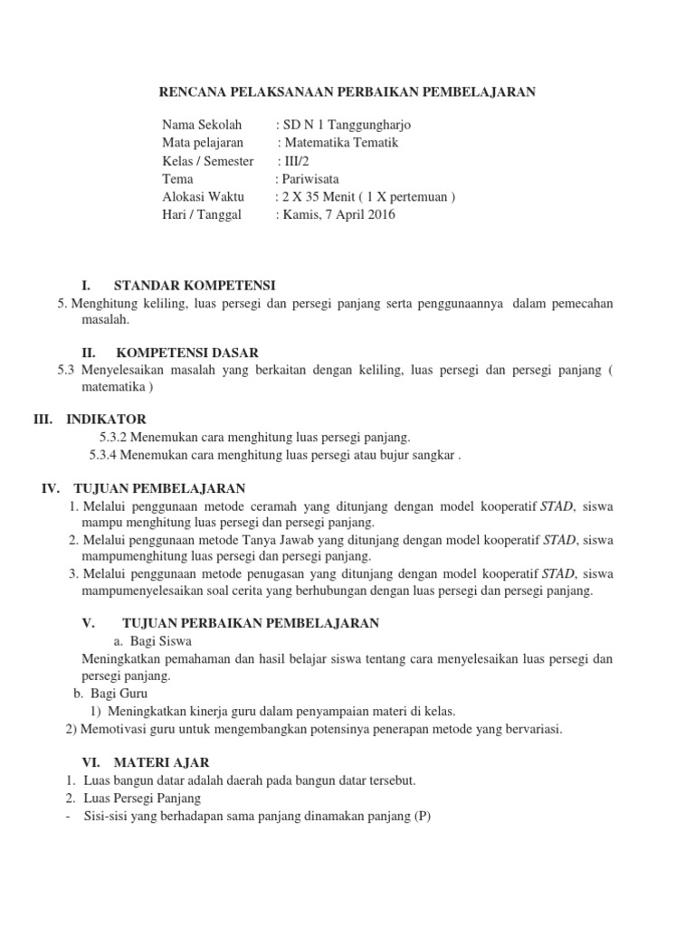Rencana Pelaksanaan Perbaikan Pembelajaran | PDF