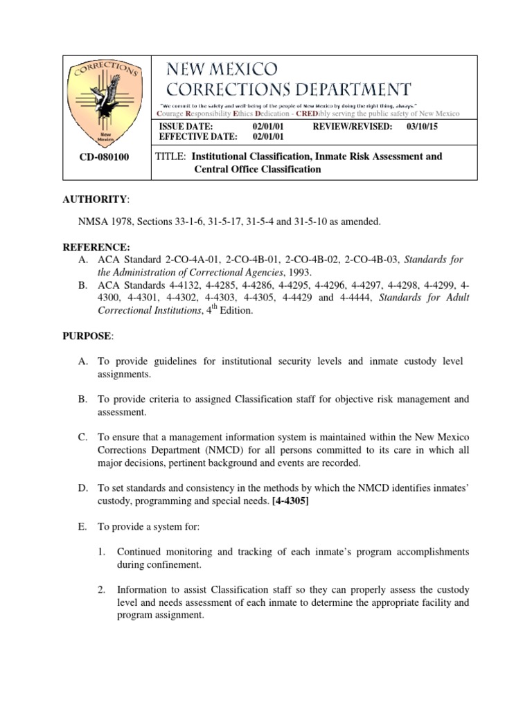 CD-080100 Institutional Classification Inmate Risk Assessment and ...