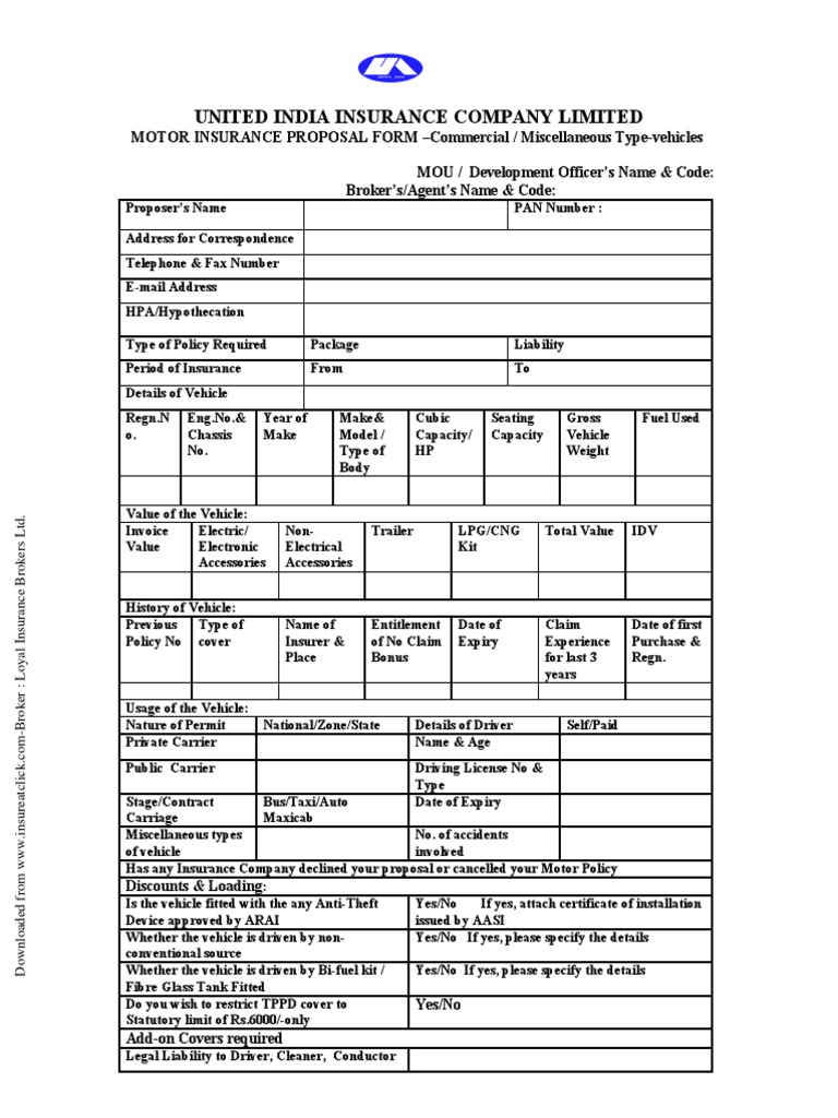 United India Motor Insurance Proposal Form | PDF | Taxicab | Insurance