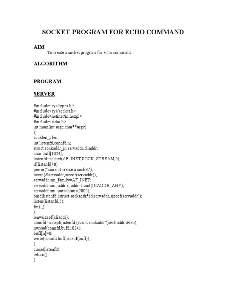 Socket Program For Echo Command: AIM Algorithm | PDF | Port (Computer ...