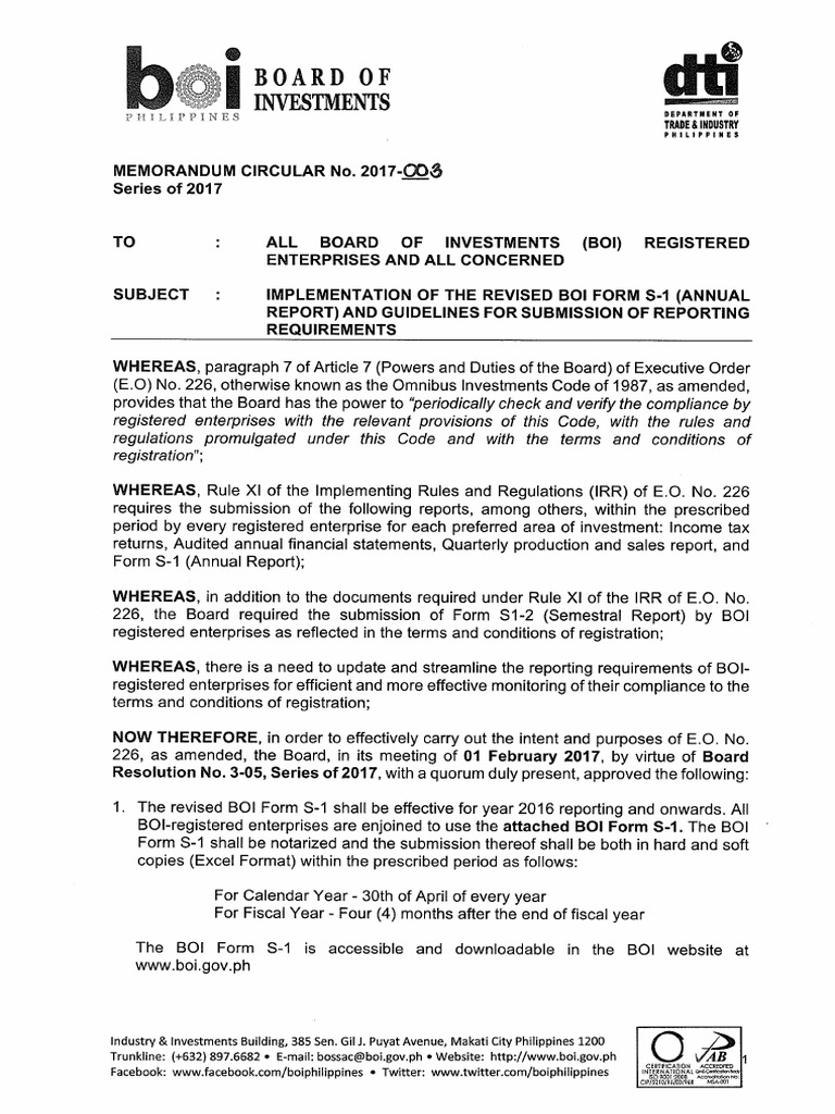 MC No. 2017-003 Re Implementation of The Revised BOI Form S-1 (Annual ...