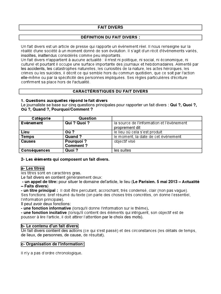 Définition et Structure du Fait Divers | PDF | Phrase | Langues