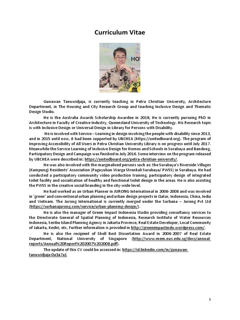 CV Gunawan Tanuwidjaja | PDF | Urban Planning | Indonesia