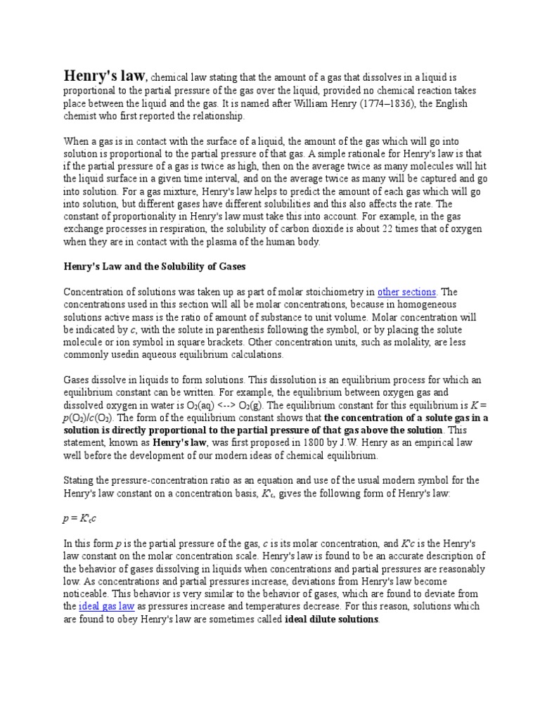 Henry's Law | PDF | Solution | Solubility