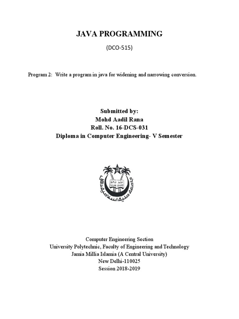 Program 2: Write a program in Java for widening and narrowing ...