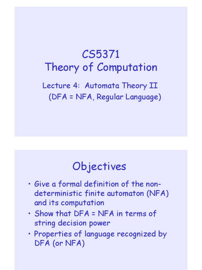 CS5371 Theory of Computation: Lecture 4: Automata Theory II (DFA NFA, Regular Language) | PDF ...