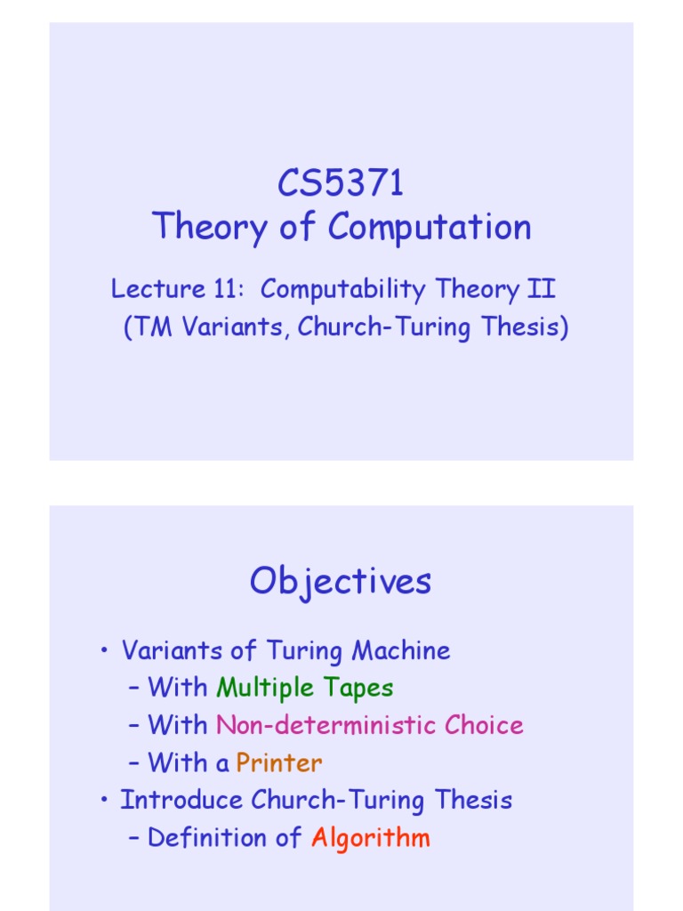 Cs5371 Theory Of Computation Lecture 11 Computability Theory Ii Tm Variants Church Turing