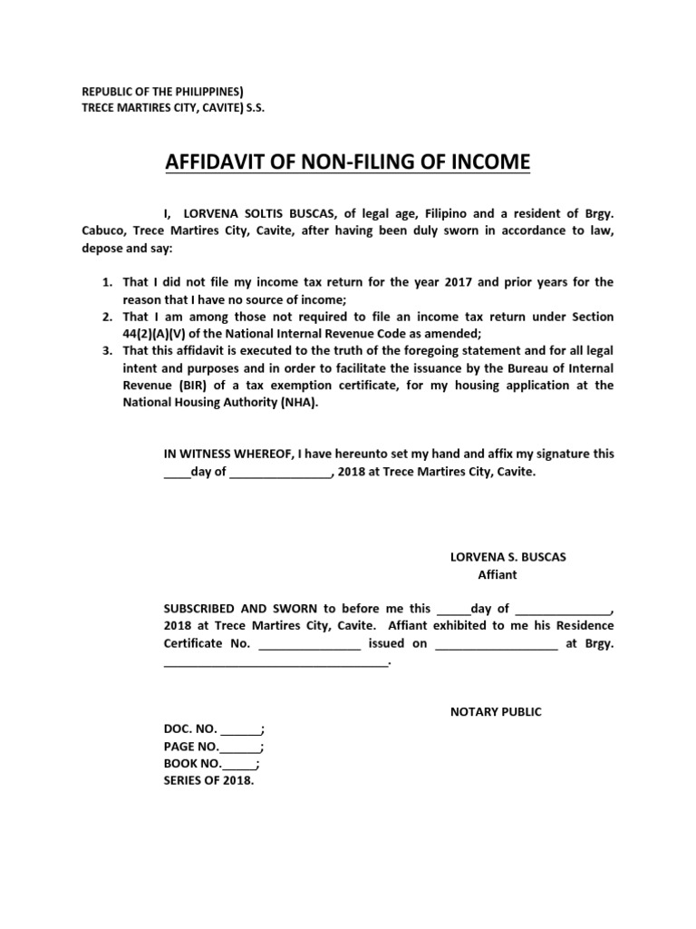 Affidavit of Non-Filing of Income Tax | PDF
