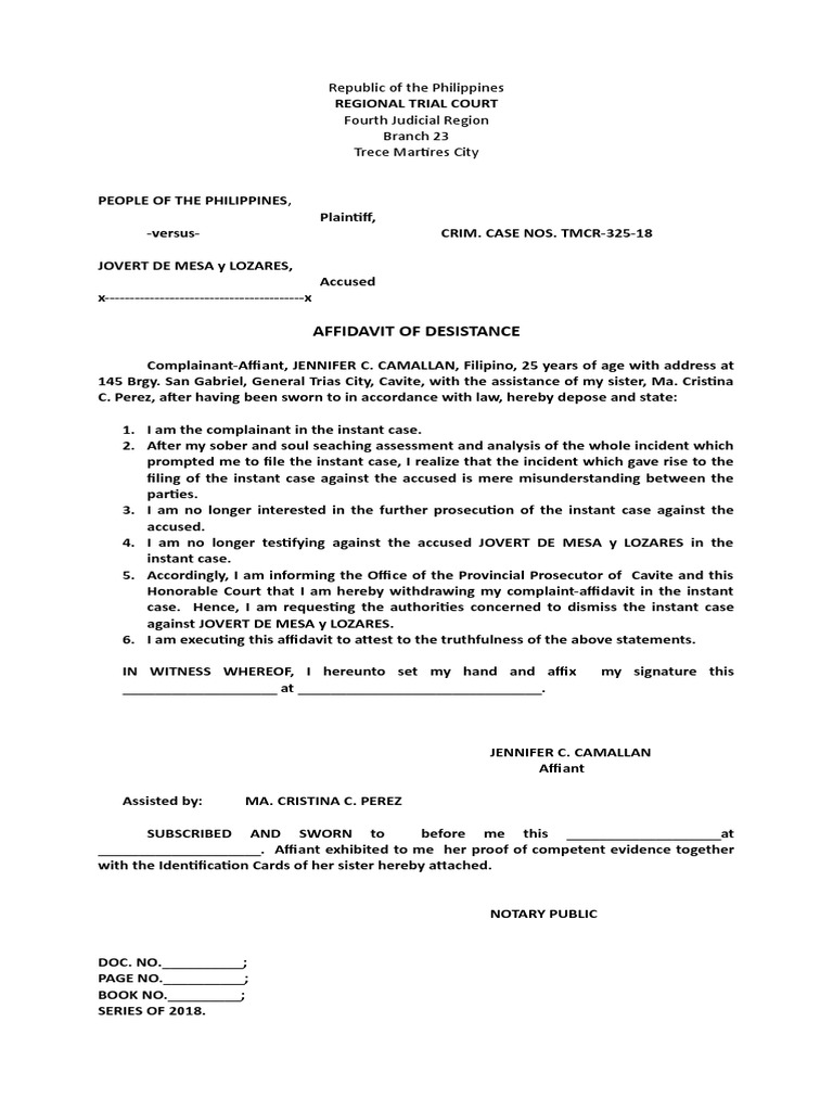 AFFIDAVIT OF DESISTANCE.docx | Affidavit | Judiciaries