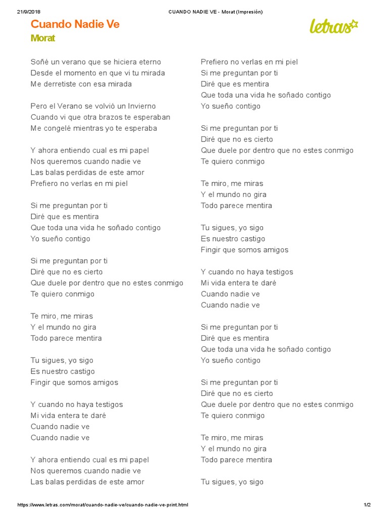 Letra de "Cuando nadie ve" - Morat | PDF