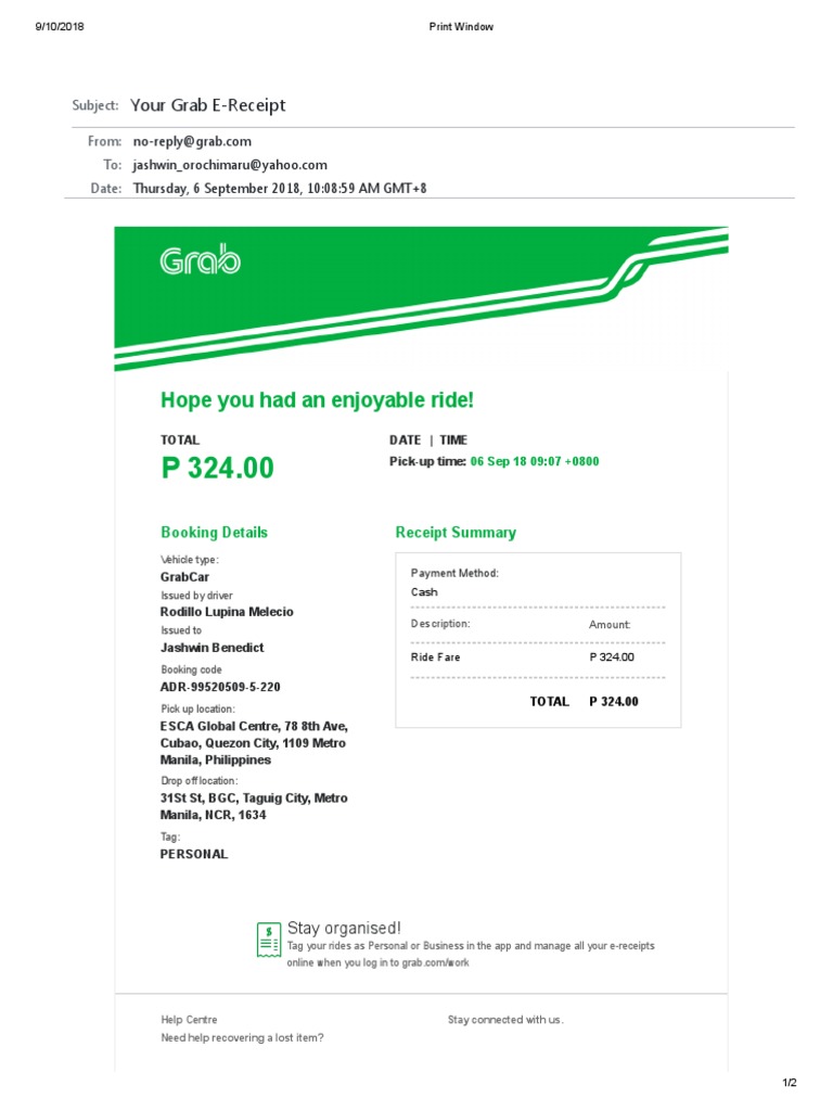 Hope You Had An Enjoyable Ride!: Your Grab E-Receipt | Download Free ...