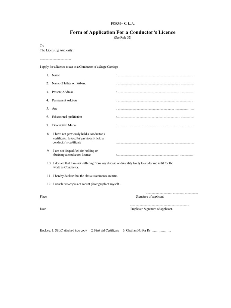 FORM C. L. A.Form of Application For A Conductor's Licence PDF | PDF ...