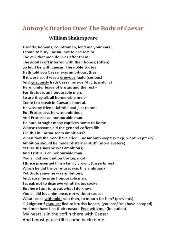 Antony's Oration Over The Body of Caesar: William Shakespeare | PDF ...