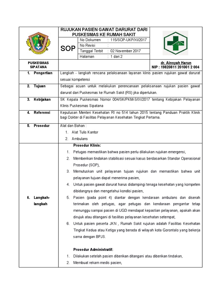 Sop Rujukan Pasien Gawat Darurat Dari Puskesmas Ke Rumah Sakit | PDF