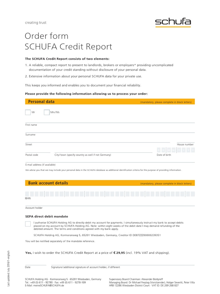 Order Form SCHUFA Credit Report: Personal Data | PDF | Mail | Debit Card