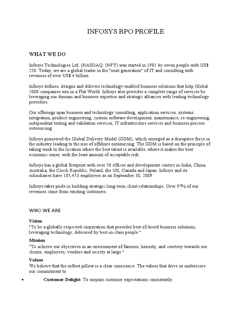 Infosys Bpo Profile | PDF | Outsourcing | Business